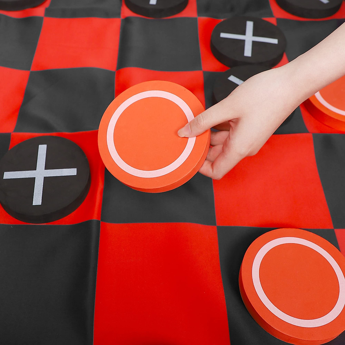 Lulu Home 4-in-1 Jumbo Chess Board Game, 4FT x 4FT Giant Tic Tac Toe Chess Checkers Game Mat & Pieces Portable with Bag, Classic Checkers Rug Game for Indoor Outdoor Family Fun