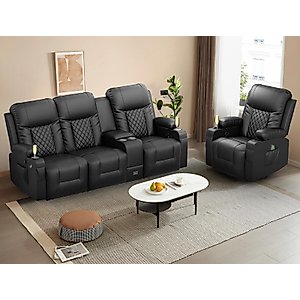YONISEE Recliner Sofa Set, Modern 3 Seat Reclining Sofa and 1 Seat 360° Swivel Recliner Chair with Heat and Massage for Living Room (3 Seat Sofa+Recliner Chair)