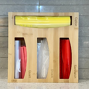 Bamboo Ziplock Bag Storage Organizer w/ 4 Compartments - Baggie Organizer for Kitchen Drawer - Compatible Gallon, Snack, Sandwich, Quart Size Ziplock Bags - Wall Hang, Ziplock Organizer for Drawer