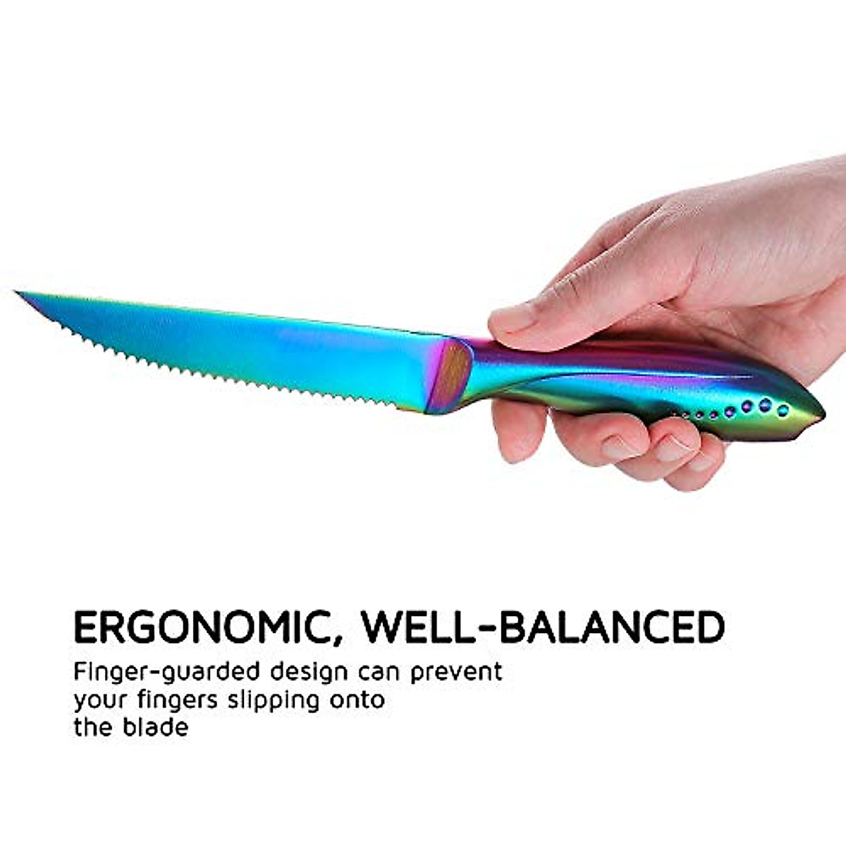 WELLSTAR Rainbow Serrated Steak Knife Set of 6, Razor Sharp German Steel Blade 4.75 inch and Comfortable Stainless Steel Hollow Handle with Titanium Coated Dinner Table Knives Set for Home Restaurant