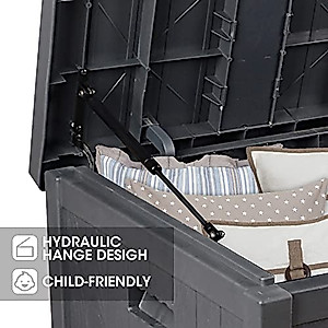 SUNVIVI OUTDOOR 120 Gallon Deck Storage Box with Hydraulic Hinge, Resin Patio Storage Bin with Lockable Lid, Waterproof Outside Storage Container for Cushions, Pool Supplies, Garden Tools, Grey