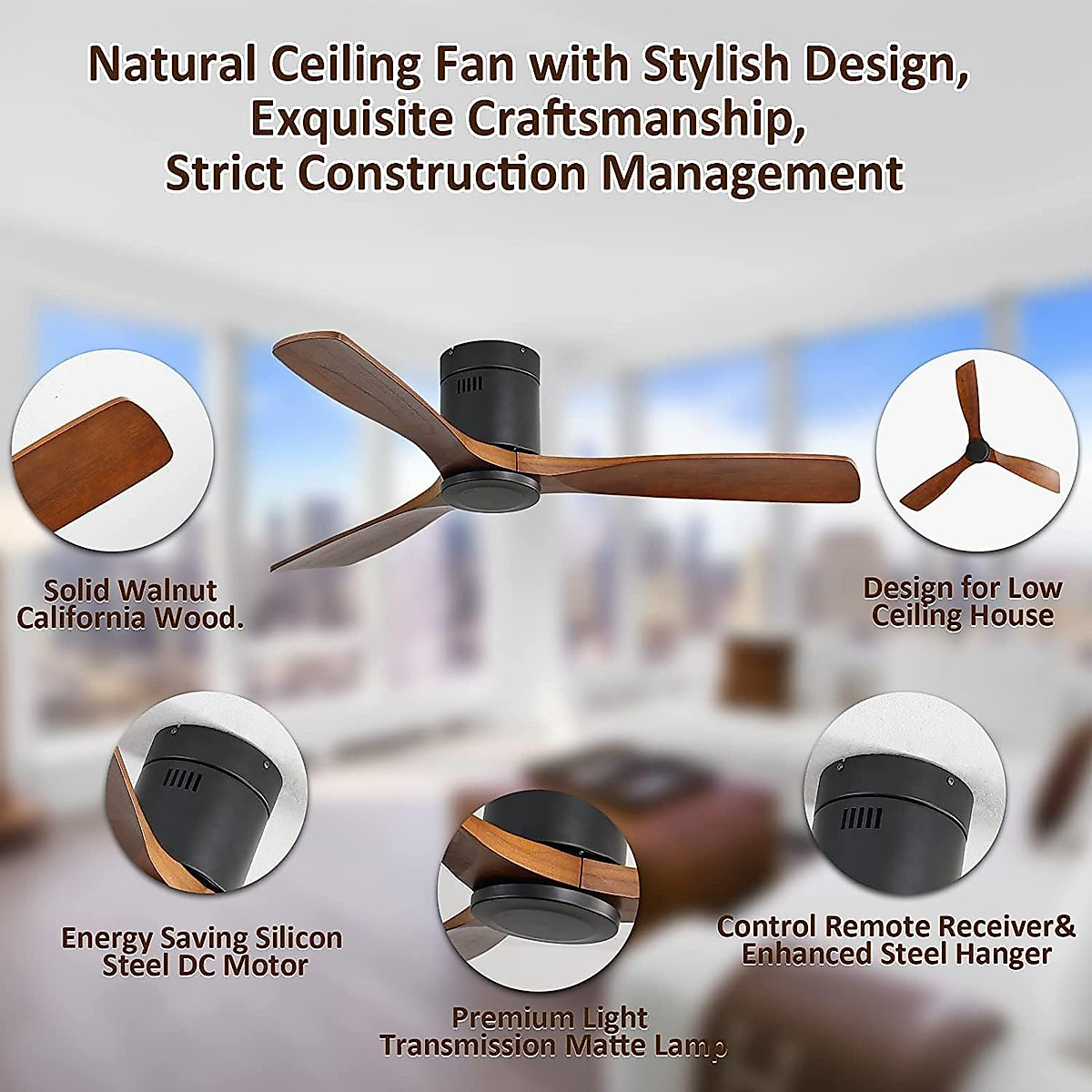 CACI Mall 52 Inch Ceiling Fan with Remote Control, Low Profile Flush Mount Ceiling Fan without Light, 3 Walnut Wood Ceiling Fan No Light, Noiseless Reversible ETL DC Motor with Timer