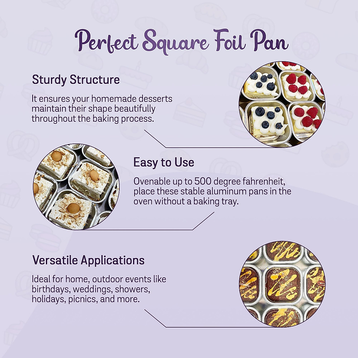 KitchenDance Disposable Dessert Pan Set with Lids - 4x4 inch Square Cake Baking Pans for Hotels, Restaurants - Heavy Duty Aluminum Foil for Baking, Storing, and Preparing Food, ALU6P (50, Cow Print)