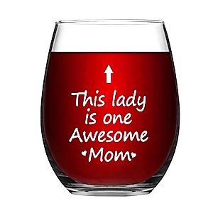 SHENDONG This Lady Is One Awesome Mom Wine Glass Birthday Mothers Day Gifts for Mom Mother from Daughter Kids Son Mom Gifts 15 Ounce Thicken with Gift Box White