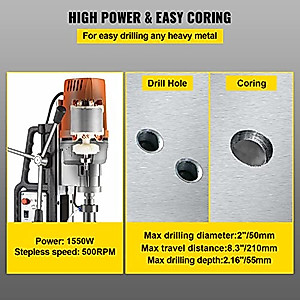 Mophorn 1550W MD50 Magnetic Drill 500 RPM Spindle Speed Electric Magnetic Drilling System with 2 Inch Boring Diameter and 2900 LBS Magnet Force