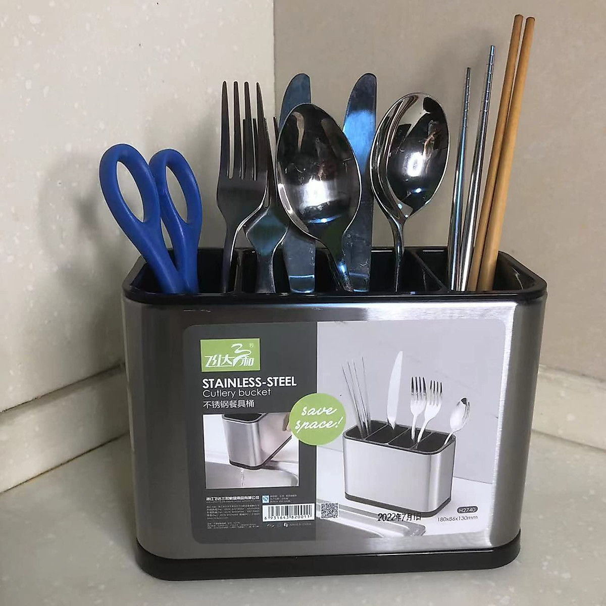 Wotermly 4 Cell Kitchen Utensil Holder for Countertop Flatware Organizer, Stainless Steel Utensil Crock Holder Caddy Anti Slip Drip Tray