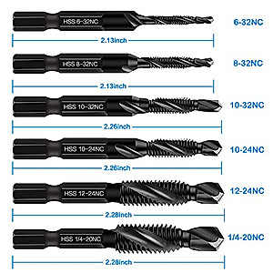 6 Packs Combination Drill & Taps Bit Set, Screw Tapping in SAE Size 6-32nc 8-32nc 10-32nc 10-24nc 12-24nc 1/4-20nc with Anti-Rust Black Coating, 1/4” Hex Shank and Storage Case