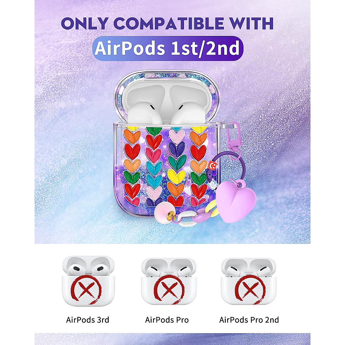 Kokaaee for Airpod Case 2nd & 1st Generation Cover Kawaii Funda Cute Aesthetic Girl Women Protector Liquid Glitter Bling Sparkly Heart Design Estuche Keychain Y2K Girly for Apple Air Pod 1/2 Gen