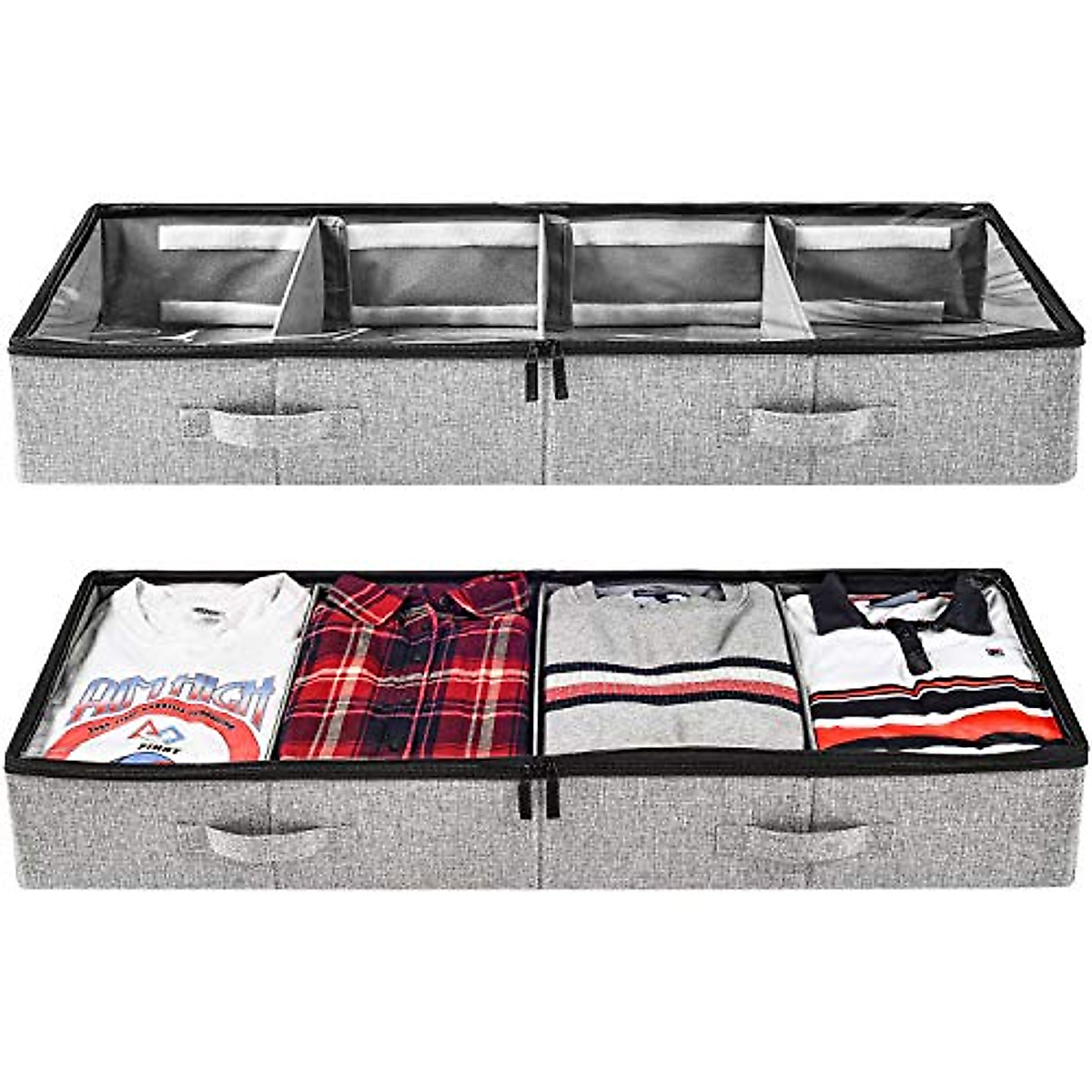 storageLAB Underbed Storage Containers, Under Bed Storage for Clothes, Blankets and Shoes, Woven Fabric with Plastic Panel Structure (2 Piece Sweater Storage - Grey)
