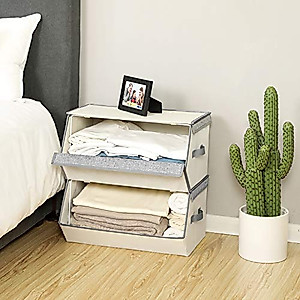 SONGMICS Large Bins with Lids and Handles, Stackable Storage Organizers with Linenette and Oxford Fabric for Clothes and Kid’s Toys, Set of 2, Gray and Beige URLB03GE