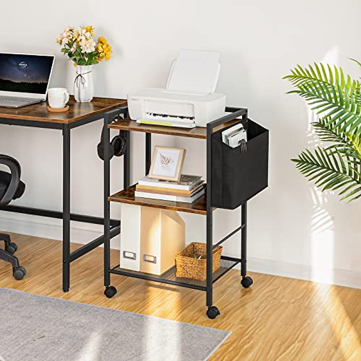 HOOBRO 3 Tier Printer Stand Mobile Printer Table on Wheels, Wooden Printer Shelf with Storage Bag, Under Desk Rolling Printer Cart Organizer with Hooks for Home Office, Kitchen Rustic Brown BF21PS01
