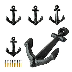 5 Packs Anchor Shape Hooks Vintage Hook Cast Iron Wall Wood Mounted Coat Hat Hooks Antique Black