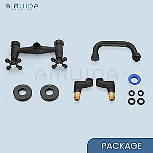 Airuida Matte Black Wall Mount Kitchen Faucet, 6 Inch(15cm) Spout Wall Mount Laundry Sink Faucet, Adjustable Center Double Handles Hot and Cold Water Mixer Tap 360 Rotatable Restaurant Faucet