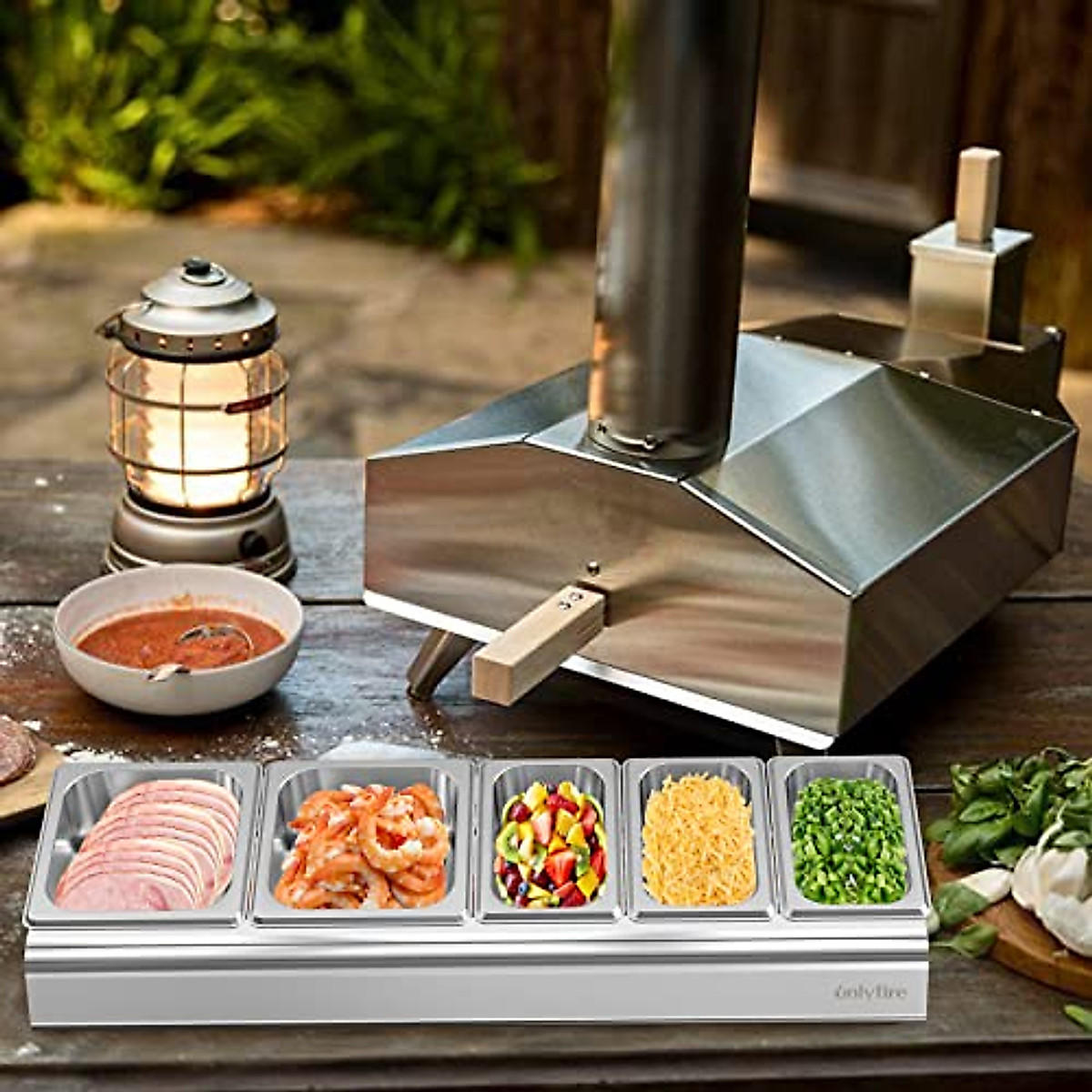 Onlyfire Pizza Topping Station Stainless Steel Seasoning Containers with Lid, 5 Compartment Trays for Prepping Ingredients and Toppings