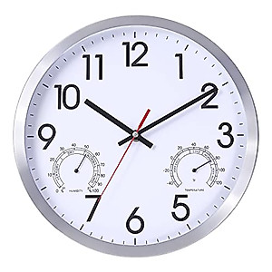 Vigorwise 12 Inch Wall Clock with Temperature & Humidity, Battery Operated Aluminum Frame Wall Clocks, Sweep Silent Movement Accurate Clocks, Decorative for Kitchen Living Room