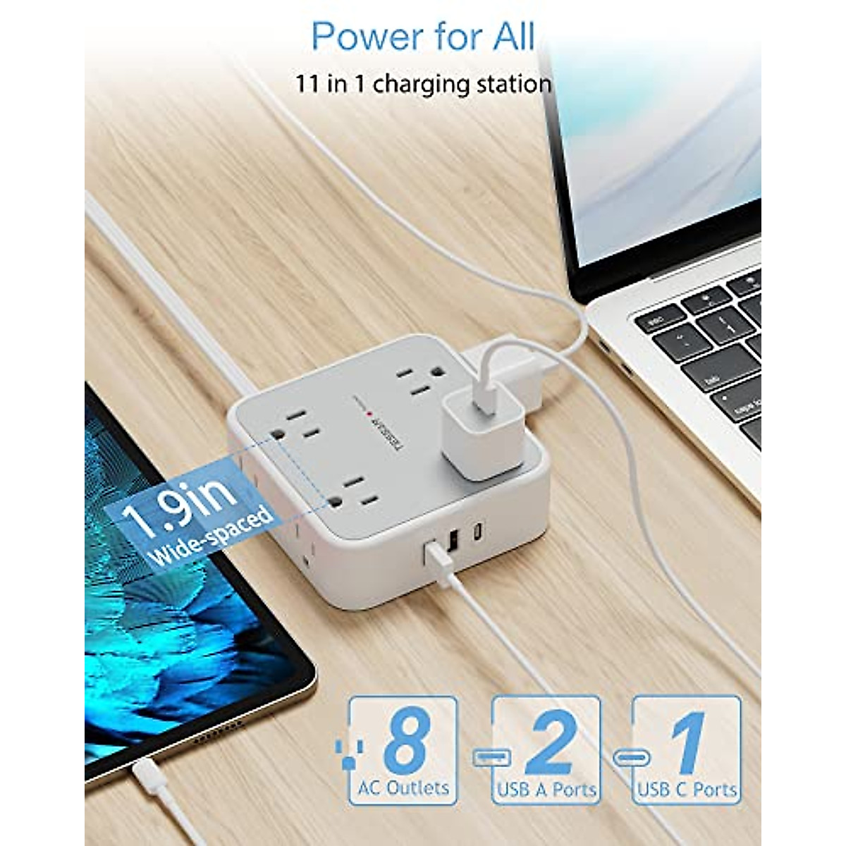 Ultra Thin Flat Extension Cord, Flat Plug Power Strip with USB C, 8 Widely Outlets, 3 USB Charger(1 USB C Port), 5 Ft, 900 Joules Surge Protector, Office Supplies, Travel, Dorm Room Essentials