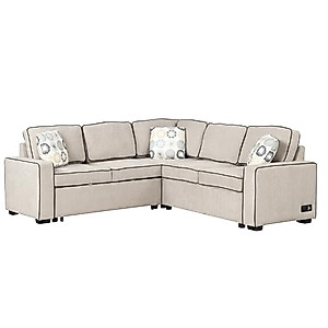 Eafurn Symmetrical Sectional Sofa with Pull Out Bed, 83" L-Shaped Convertible Corner Couch with Removable Backrest,Linen Upholstery Sofabed with USB Ports, 2 Power Sockets and Throw Pillows