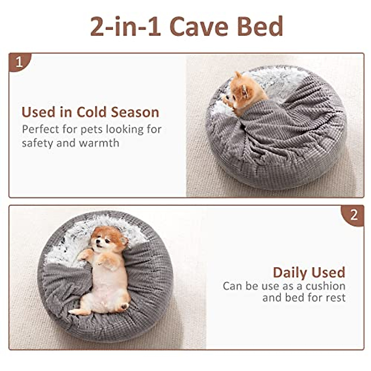 MIXJOY Small Dog Bed with Blanket Attached, Round Calming Hooded Cozy Cave Dog Beds for Small Dogs, Soft Plush Cuddler Puppy Pet Bed and Dog Burrow Cave Bed, Anti-Slip Bottom, 23inch