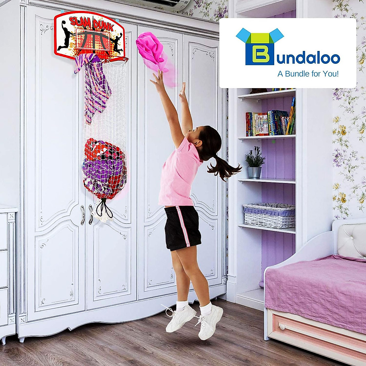 Bundaloo Slam Dunk Basketball Hamper - Over The Door 2 In 1 Hanging Basketball Hoop Or Laundry Hamper Boys & Girls Room Decor - Fun Gift