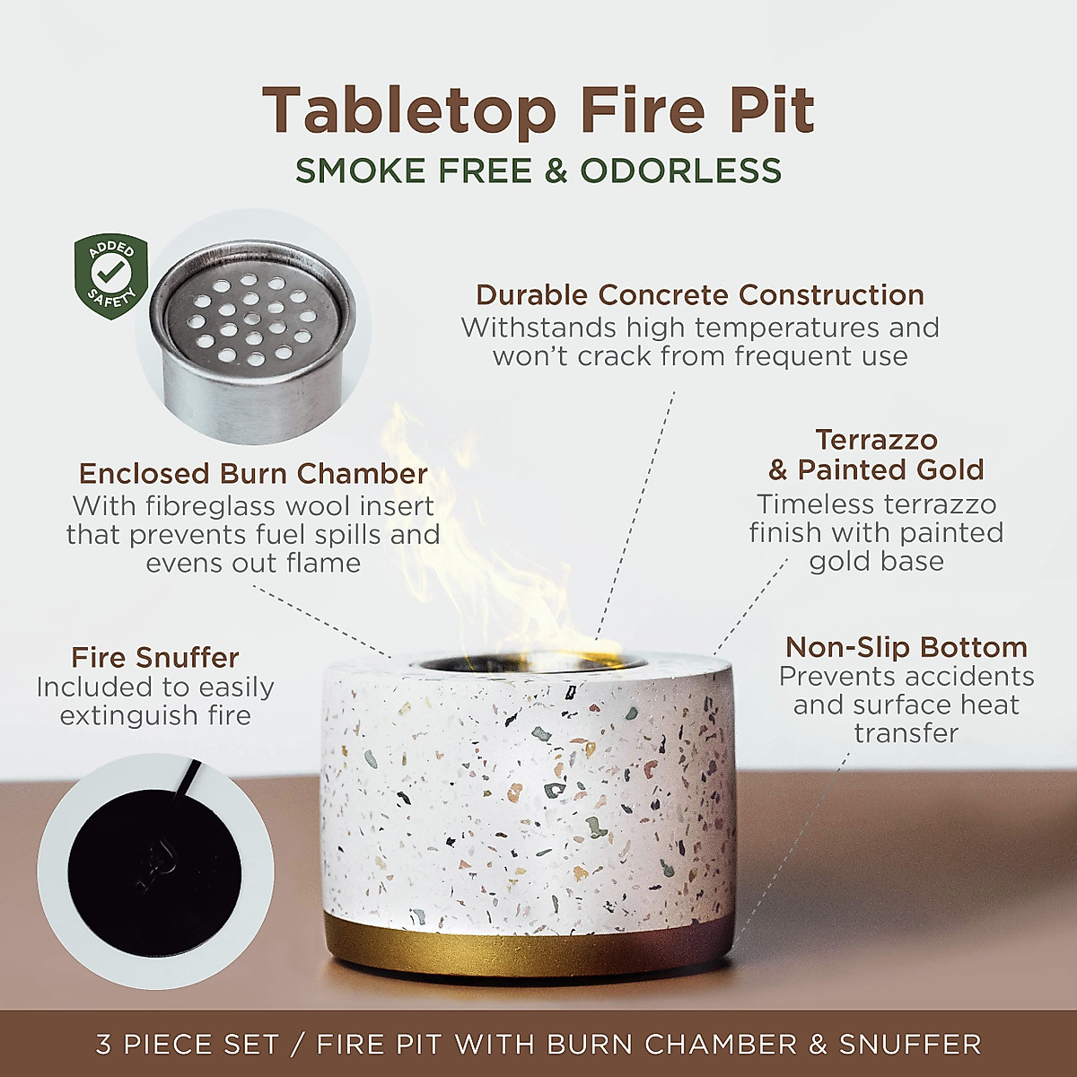Tabletop Fire Pit for Indoor or Outdoor Use - Smokeless and Odorless Table Top Fire Pit Bowl Perfect for S'More, Party and Gifts - Portable Mini Fire Pit Easy to Use and Long Lasting (Terrazzo)