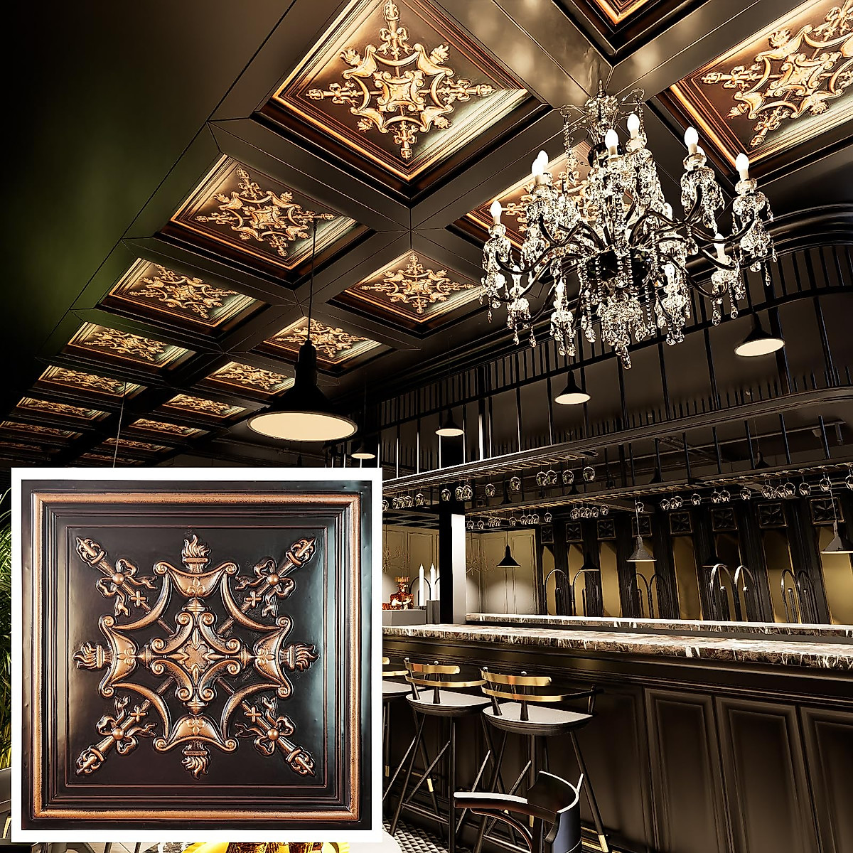 PAINTSDECOR PVC Tin Ceiling Tiles 3D Stereo Embossed Panel Antique Suspended Ceiling Board for Cafe Club Salon 2'x2' PL07 Traditional Copper 10pcs/lot