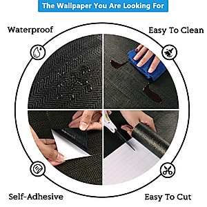 CRE8TIVE 24"x118" Black Gold Grasscloth Textured Wallpaper - Stick and Peel Fabric Linen Herringbone Removable Wallpaper - Self Adhesive Metallic Black Contact Paper for Bedroom Cabinets Walls