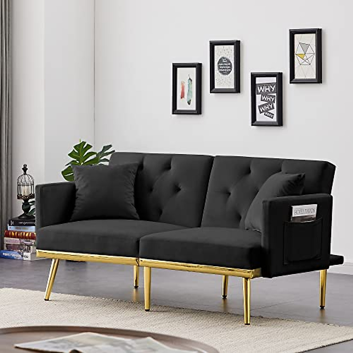 60"Convertible Folding Futon Sofa Bed with 2 Pillows and Armrest,Modern Velvet Sleeper Couch Bed with 3 Adjustable Backrests,Recliner Loveseat for Small Space,Living Room Bedroom Apartment (Black)