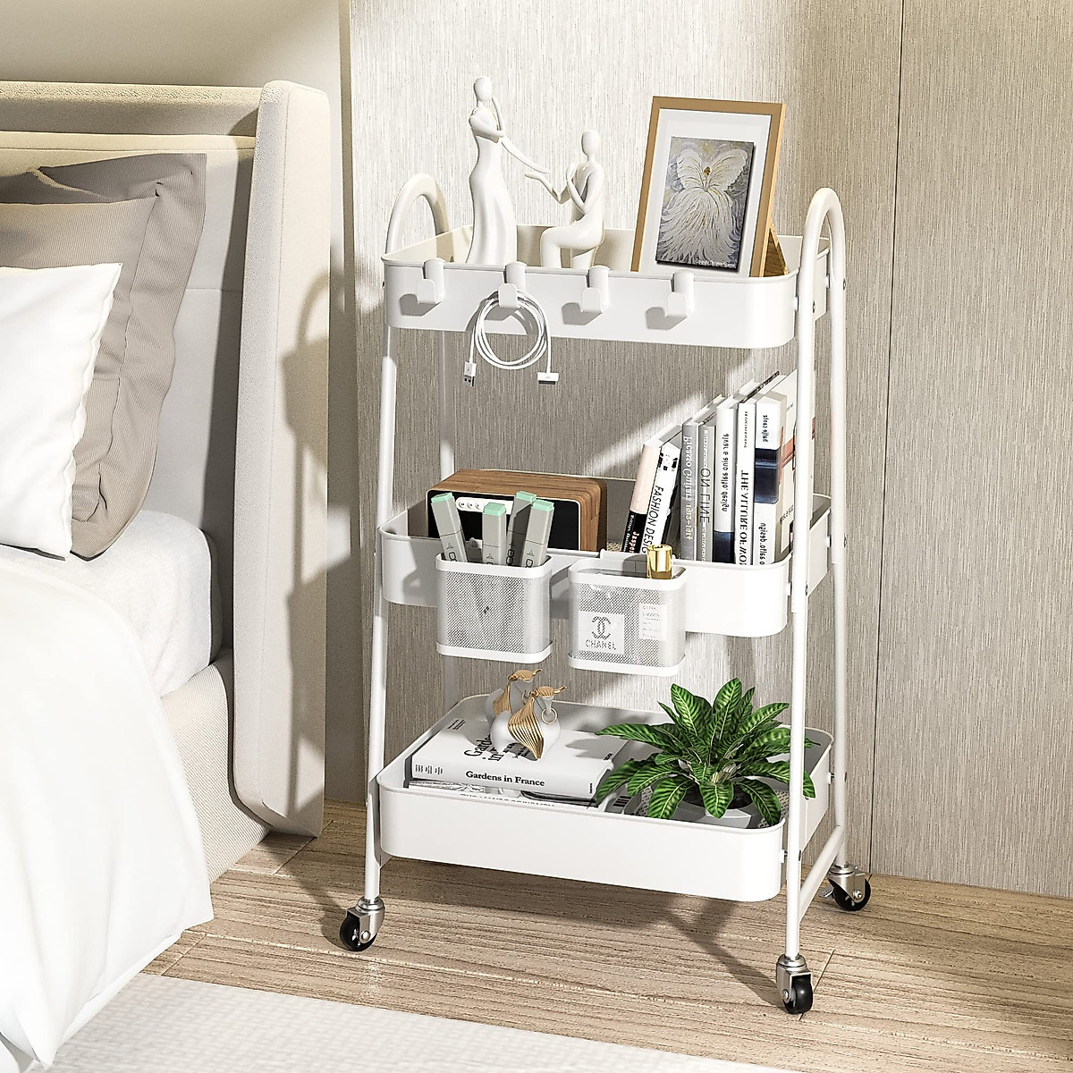 KINGRACK 3-Tier Rolling Cart, Metal Rolling Storage Cart with Handle and Lockable Wheels, 2 Hanging Baskets & 4 Hooks, Utility Cart for Kitchen, Bathroom, Office, White