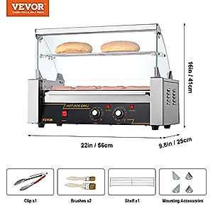 VEVOR Hot Dog Roller 5 Rollers 12 Hot Dogs Capacity, 750W Stainless Sausage Grill Cooker Machine with Dual Temp Control Glass Hood Acrylic Cover Bun Warmer Shelf Removable Oil Drip Tray ETL Certified