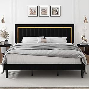 HITHOS King Size Bed Frame with Adjustable Tufted Headboard, Velvet Upholstered Platform Bed Frame with Gold Trim, Heavy Duty Mattress Foundation with Steel Frame, Easy-Assembly Slats (Black, King)