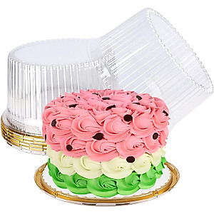 NPLUX 10 Inch Plastic Cake Carriers Gold Cake Containers with Lid and White Cake Boards, Clear Cupcake Holder for 1-2 Layer Cheesecake, Bundt Cake Pie Bakery Supplies (5 Pack)