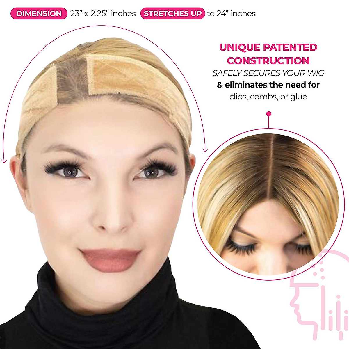 MILANO COLLECTION Wigrip, Premium Lace Wig Band for Women, Fully Adjustable & Reinforced Lace Wig Grip Band by Hairline, Comfortable and Secure Glueless Velvet Headband, Nude, 2 Pack