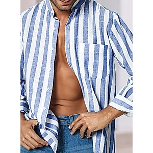 JMIERR Mens Casual Cotton Linen Shirts Button Down Long Sleeve Striped Beach Resort Shirts for Men,US 38(S),0Sky Blue