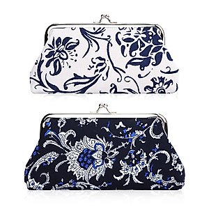 Oyachic 2 Packs Large Floral Coin Purses Canvas Cash Wallet Make Up Cellphone Bag Vintage Change Pouch Key Holder Kiss lock Clasp Clutch