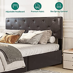 YITAHOME Upholstered Bed Frame with 4 Storage Drawers and Adjustable Headboard, Queen Bed Frame Mattress Foundation with Sturdy Wood Slat Support, No Box Spring Needed, Brown (Queen)