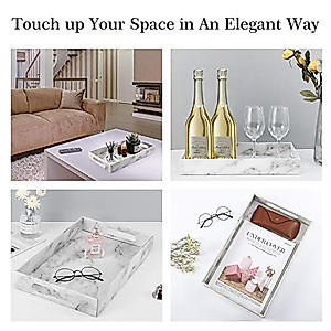 Lewondr Serving Tray with Wide Handles, PU Leather Ottoman Cofee Table Serving Tray, 14.96"x9.45"x1.97" Decorative Tray for Perfume Cosmetic Jewelry Key, Countertop Storage Organizer - Marble White