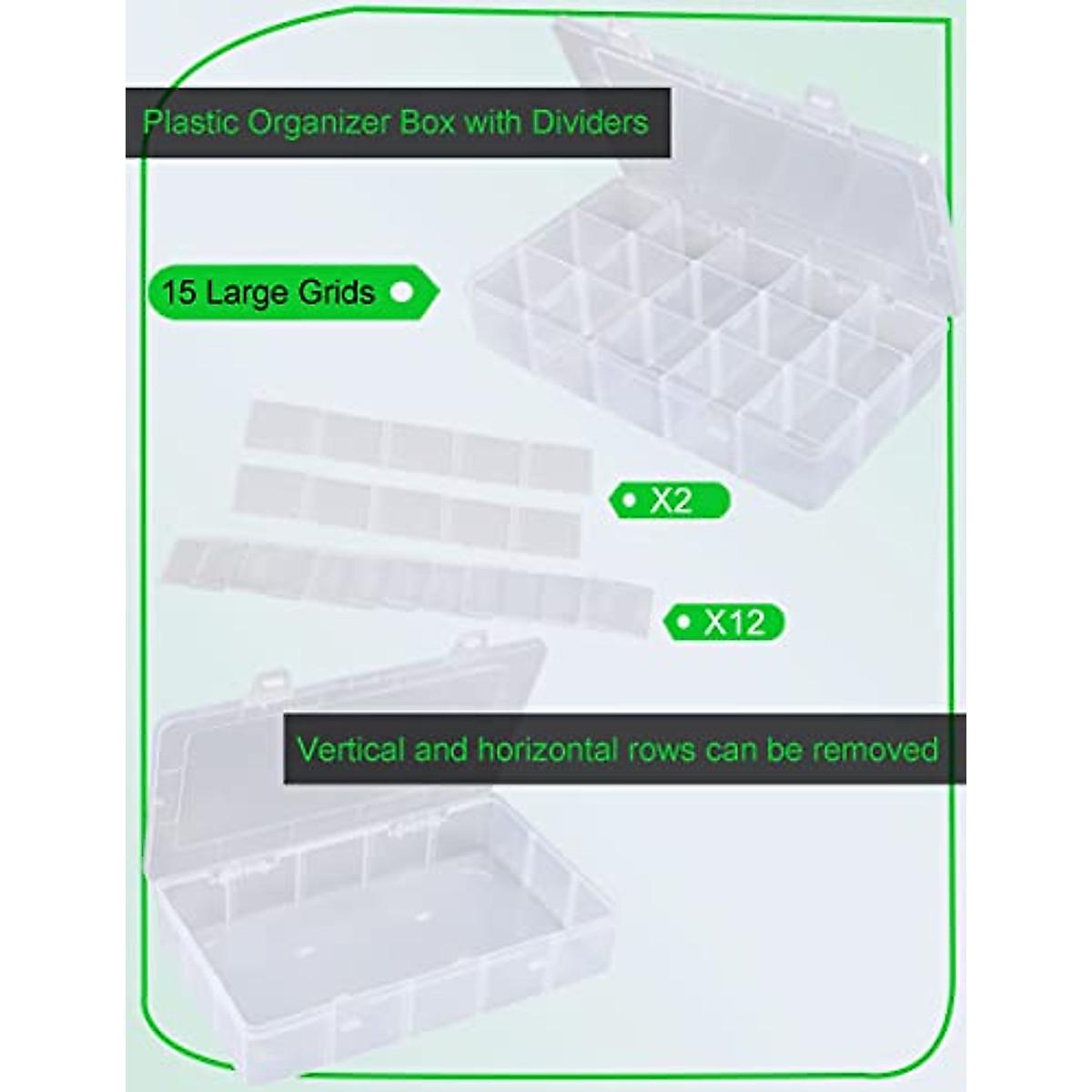 Tnqhuq Plastic Organizer Box Craft Box Bead Organizer Tackle Box Organizer 2 Pack 15 Large Grids Clear Craft Storage Box Snackle Box Container Washi Tape Organizer