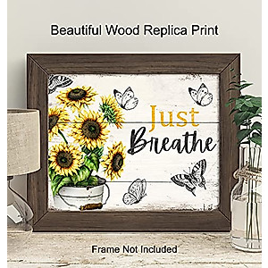 Just Breathe Sunflower Wall Art - Positive Quotes Wall Decor - Encouragement Gifts for Women - Inspirational Quotes Wall Decor - Uplifting Gifts for Women - Bedroom Wall Art Sign - Country Wall Art
