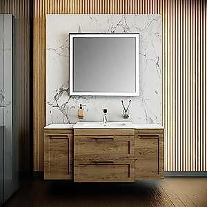 Modern Wall-Mounted Bathroom Vanity with Washbasin | Palm Beach Teak Natural Collection with Side Vanity Cabinet | Non-Toxic Fire-Resistant MDF-64 (12+40+12)-Omega Collection 32"