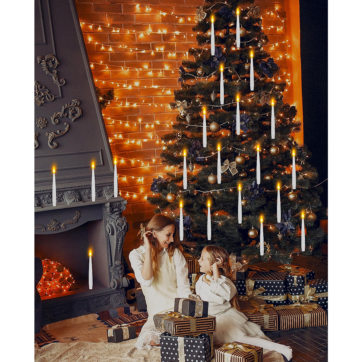 24 PCS Floating Candles with Wand, Christmas Decoration Magic Hanging Candles, Floating Flameless Candle with Remote, LED Taper Lights Candle Flickering for Xmas Indoor Party Room Birthday Decor Gift