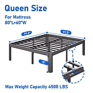 Askeld Queen Bed Frames, 18 Inch High Bedframe No Box Spring Needed, Heavy Duty Steel Slats Platform Mattress Base, 4500lbs Weight Capacity Reinforced Metal Frame, Noise-Free, Easy Assembly, Black