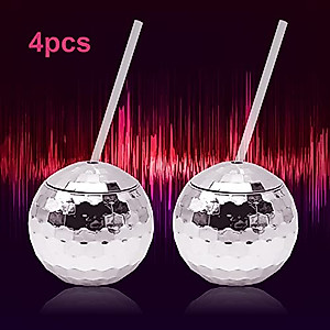 ZUDKSUY Disco Ball Cups Disco Ball Drink Tumbler 1970s Disco Ball Cups with Lid and Straw, Disco Flash Ball Cocktail Cups for Graduation Anniversary Party Wine Cup Tea Bottle, Silver, Set of 4