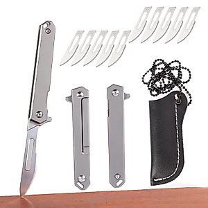 TENCHILON T31 Mini Slim Titanium Flipper Folding Scalpel Pocket Knife, 10pcs #24 Blades Tiny Small Micro EDC Keychain Knives for Men Women
