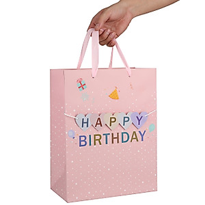 13" Large Pink Gift Bag Set with Greeting Card and Tissue Papers (3D 'Happy' Design) Women's Birthday Party, Girls', or Kids' Parties, Baby Shower - 10.2”x5.2”x13”, 1 Pcs.