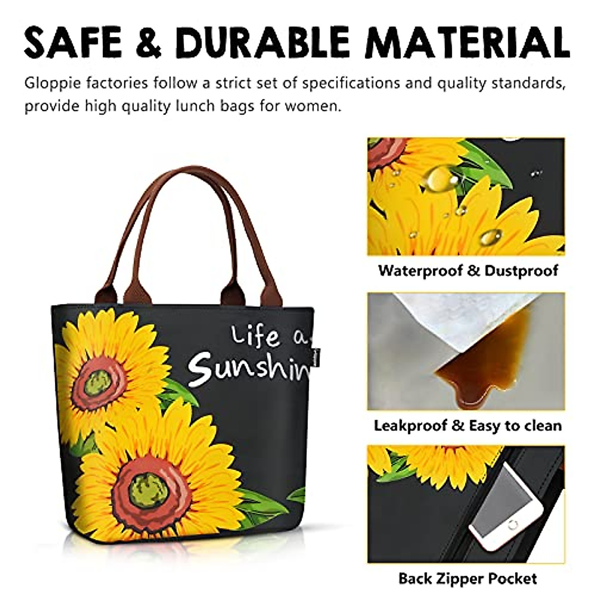 Gloppie Lunch Bag Women Insulated Womens Lunch Bag for Work Leakproof Lunch Tote Sunflower Adults Lunch Box Purse Reusable Lunch Cooler Bag Loncheras para mujer 9L