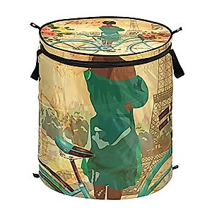 Paris Vintage Pop Up Laundry Hamper With Lid Foldable Laundry Basket With Handles Collapsible Storage Basket Clothes Organizer for Apartment Camping Picnic