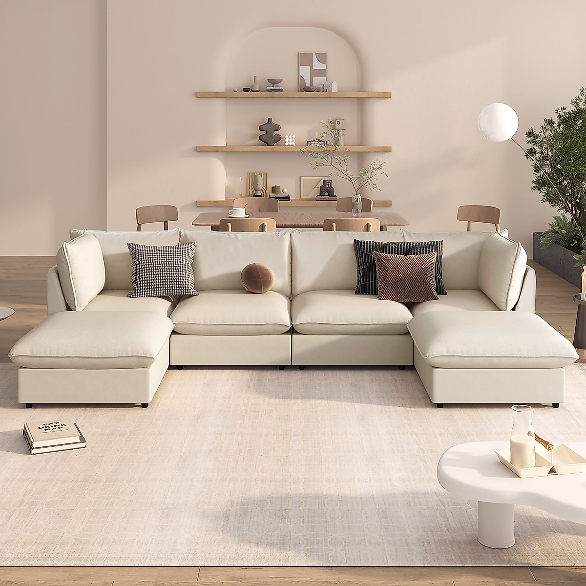Merax 136.6" Large U-Shape L-Shape Sectional Sofa with 2 Chaise and Removable Ottomans for Living Room,Beige