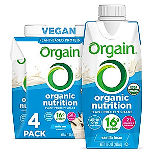 Orgain Organic Nutritional Vegan Protein Shake, Vanilla Bean - 16g Plant Based Protein, Meal Replacement, 21 Vitamins & Minerals, Fruits & Vegetables, Gluten Free, Non-GMO, 11 Fl Oz (Pack of 4)