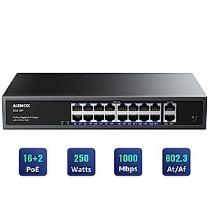 Aumox 18-Port Ethernet Gigabit PoE Switch, 16-Port PoE with 2 Uplink Gigabit Ports, 250W Built-in Power, Metal Casing and 19-inch Rackmount, Traffic Optimization, Plug and Play, Unmanaged(SG518P)