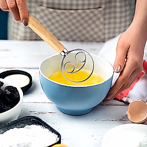 13-Inch Danish Dough Whisk - Wooden Danish Whisk for Dough with Stainless Steel Dough Hook - Traditional Dutch Whisk - Bread Whisk for Sourdough, Pizza, Pastry, Cake Batter (Rubberwood，Silver, 1)